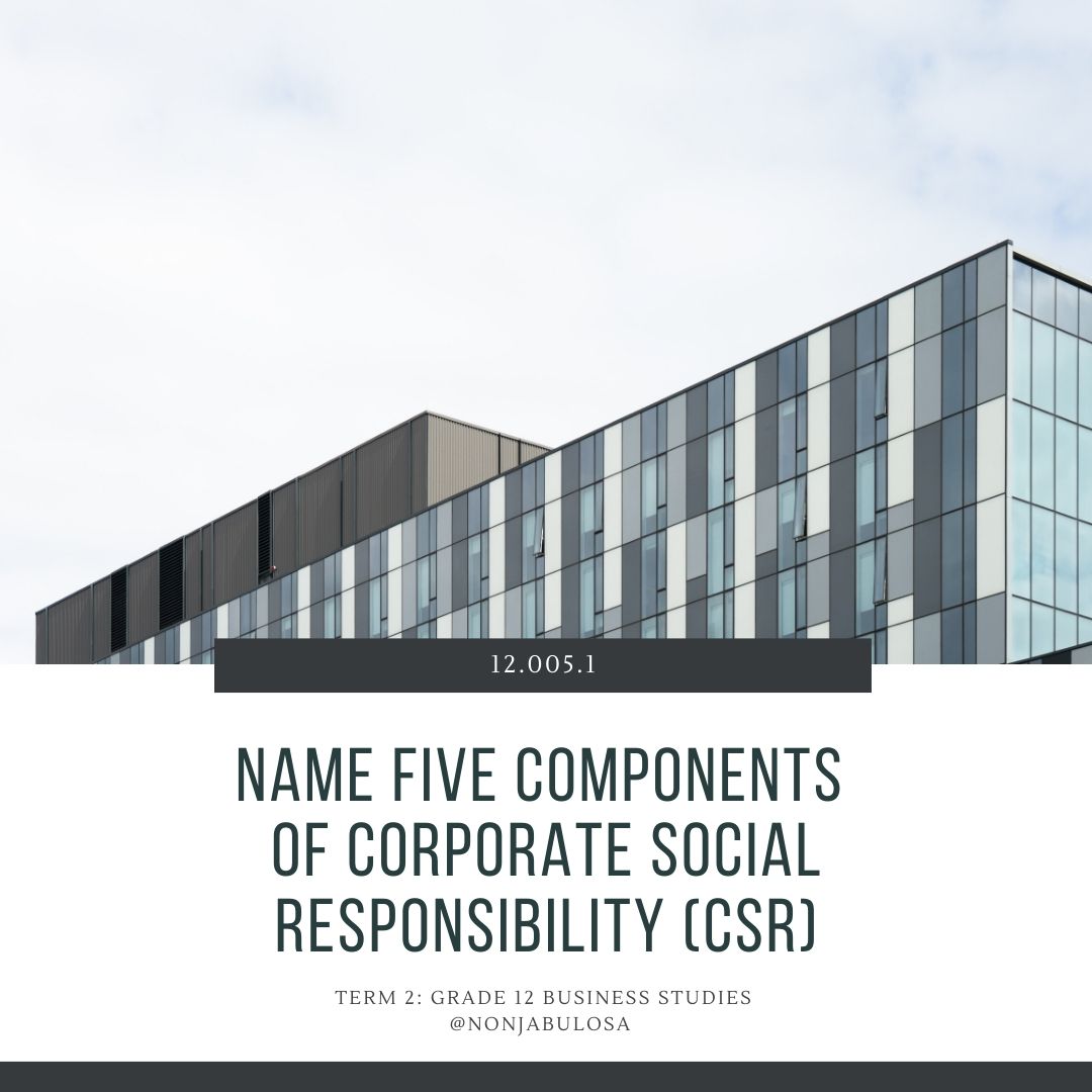 Name 5 Components of Corporate Social Responsibility (CSR)