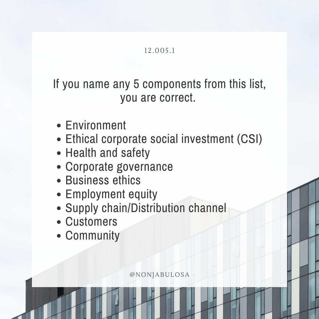 Name 5 Components of Corporate Social Responsibility (CSR)
