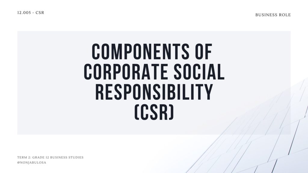 Name 5 Components of Corporate Social Responsibility (CSR)